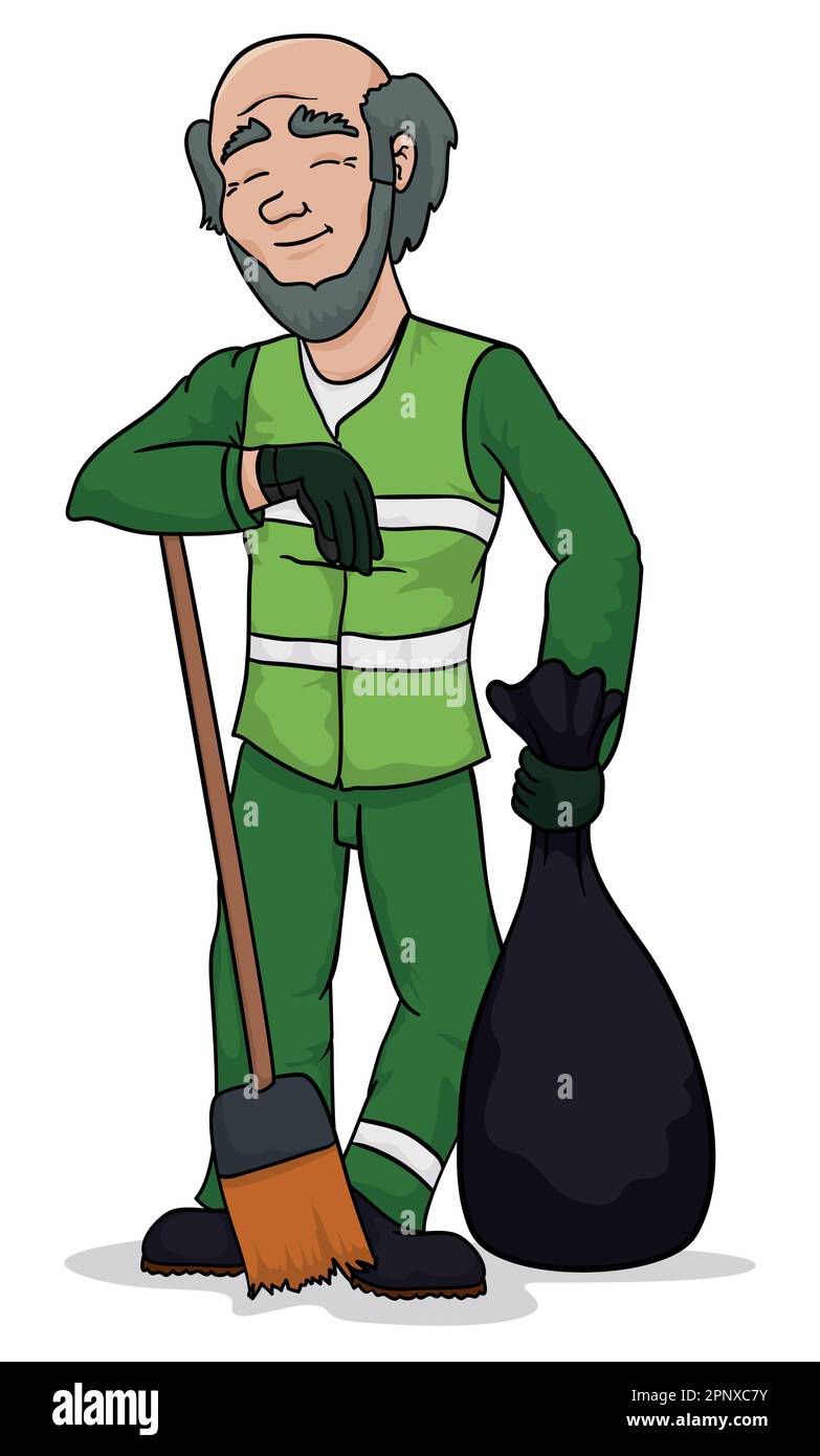 Happy old street sweeper man with green uniform, broom and garbage bag ...