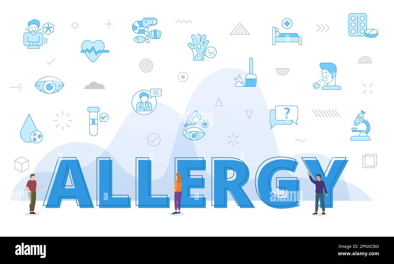 allergy concept with big words and people surrounded by related icon ...