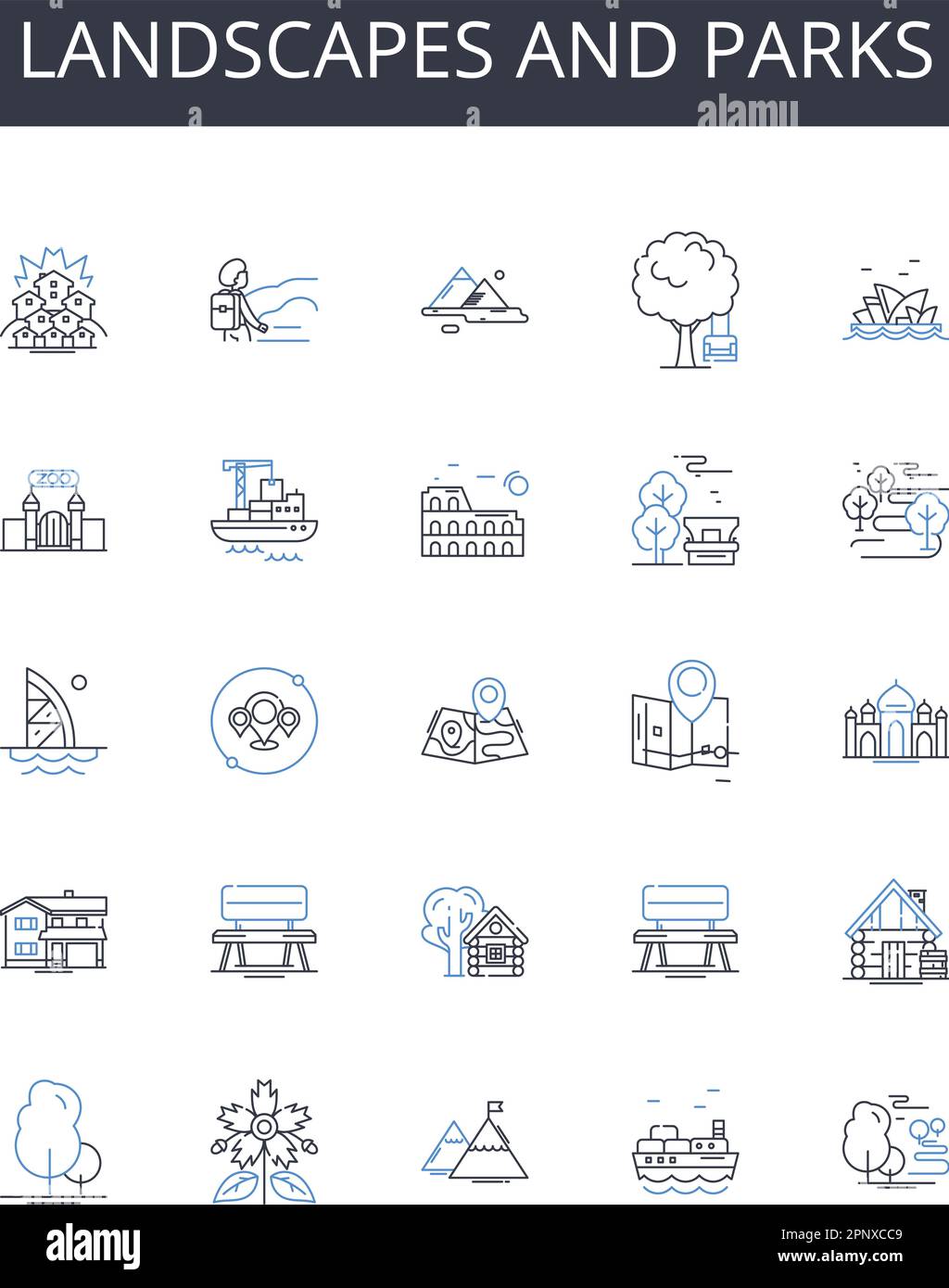 Landscapes and parks line icons collection. Oceans and beaches ...