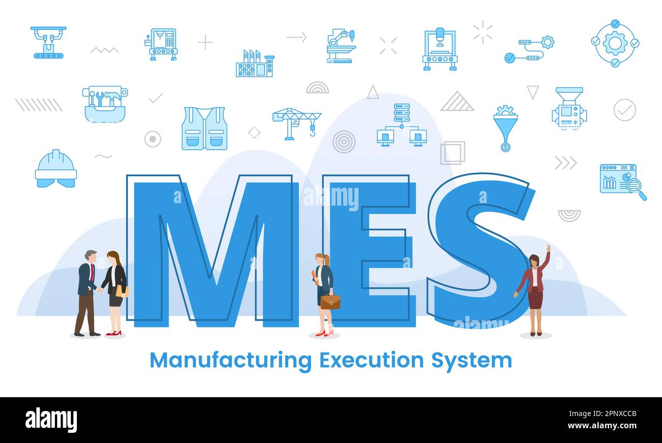 mes concept with big words and people surrounded by related icon with blue color style vector ...