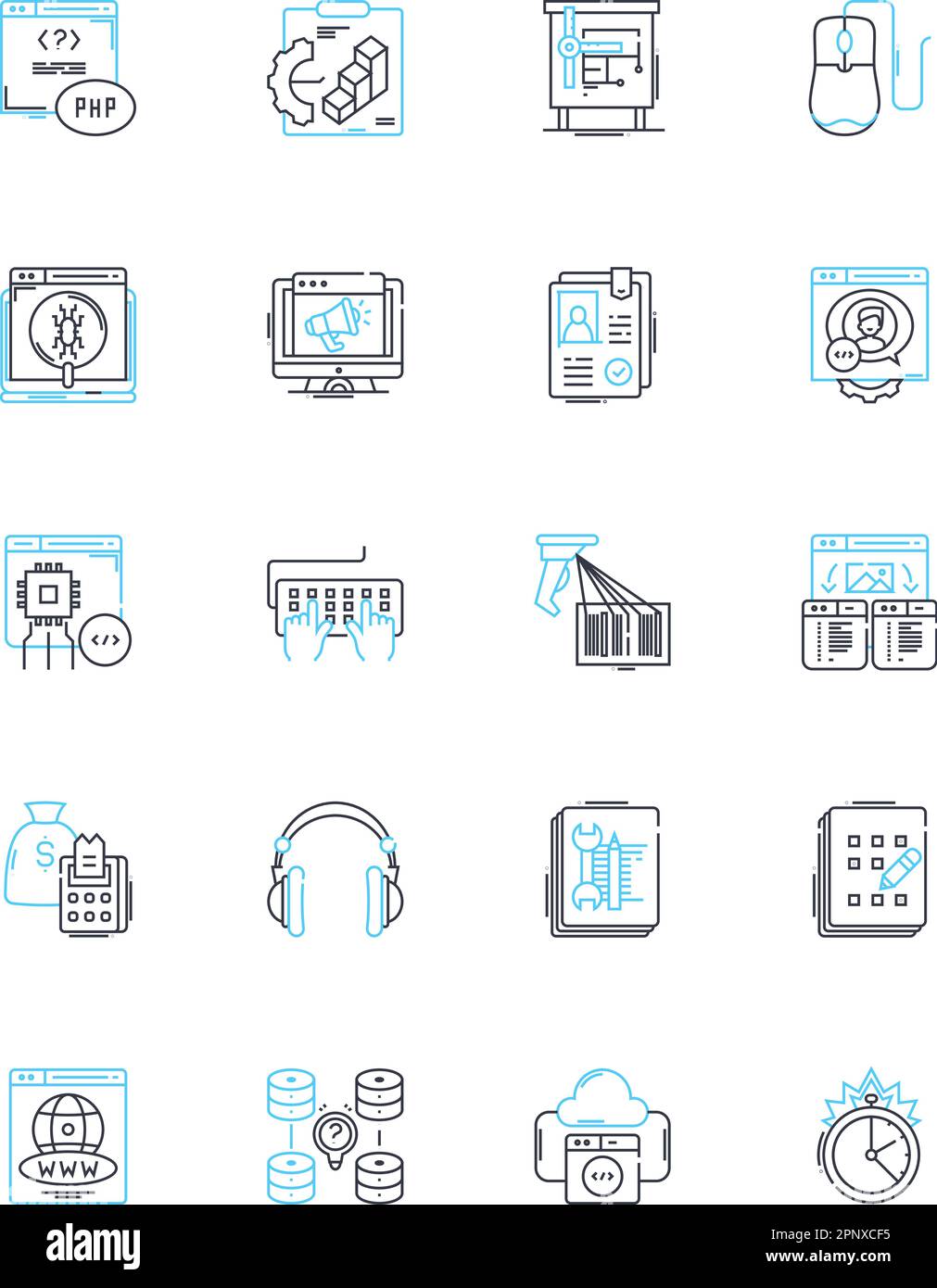 Machine linear icons set. Automation, Robotics, Mechanism, Engine, Device, Factory, Tool line ...