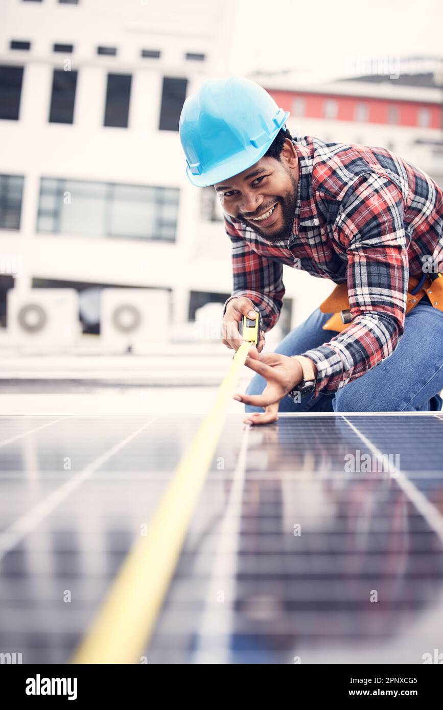Engineer man, measuring tape or solar panel on rooftop for sustainable ...