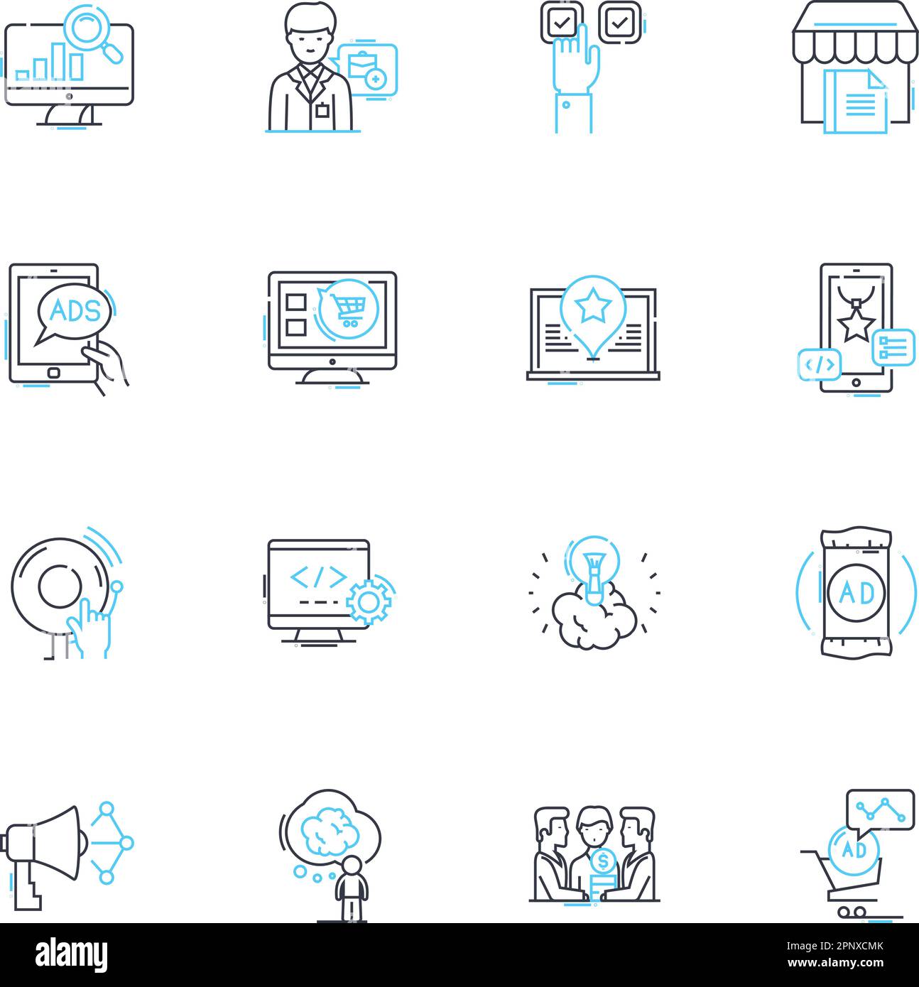 Marketing strategy linear icons set. Positioning, Segmentation, Differentiation, Branding ...