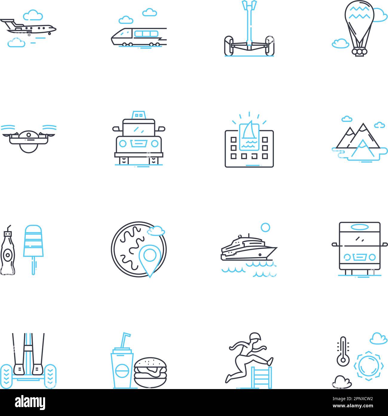 Journey linear icons set. Exploration, Odyssey, Adventure, Pilgrimage ...