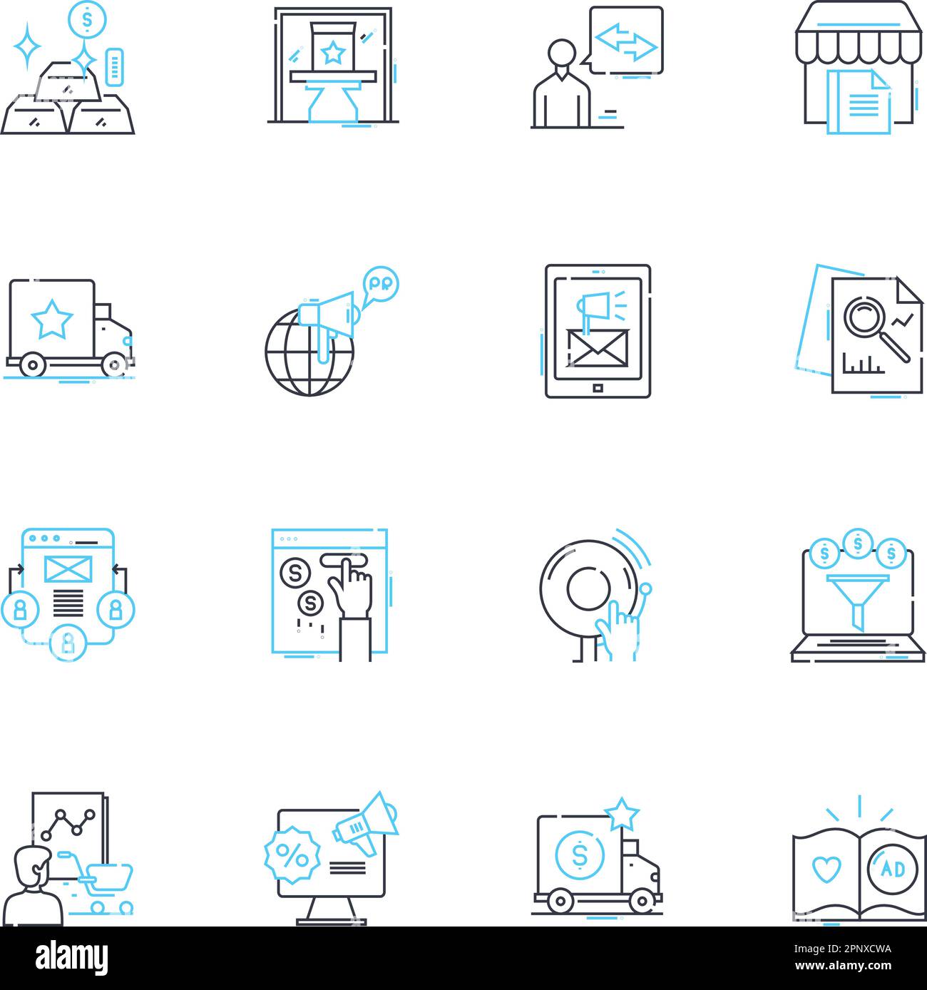 Promotion campaigns linear icons set. Marketing, Advertising, Branding ...