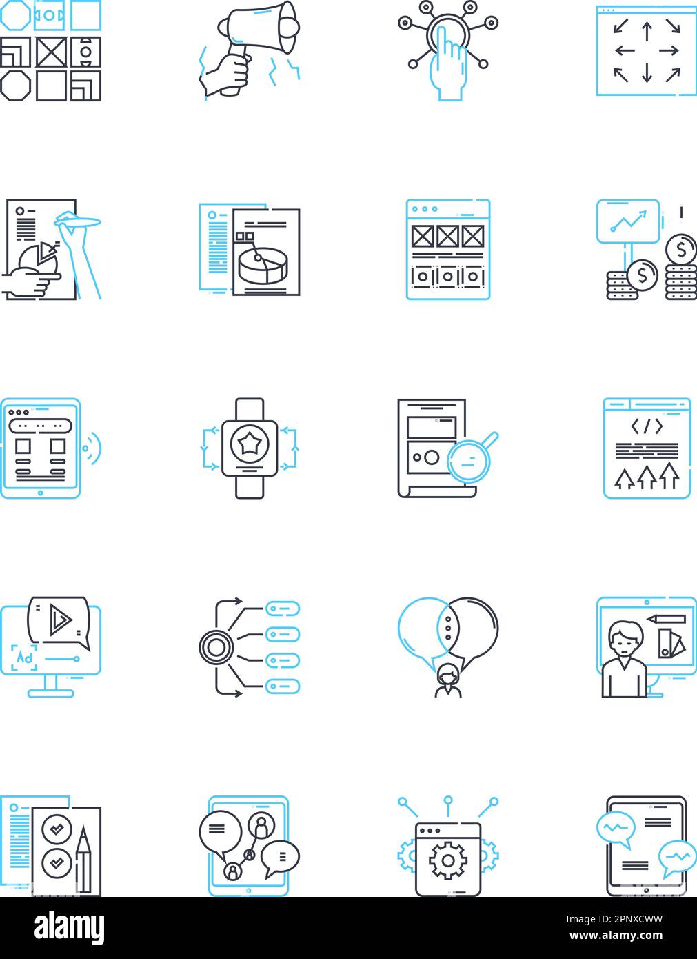 Customer outreach linear icons set. Engagement, Communication ...