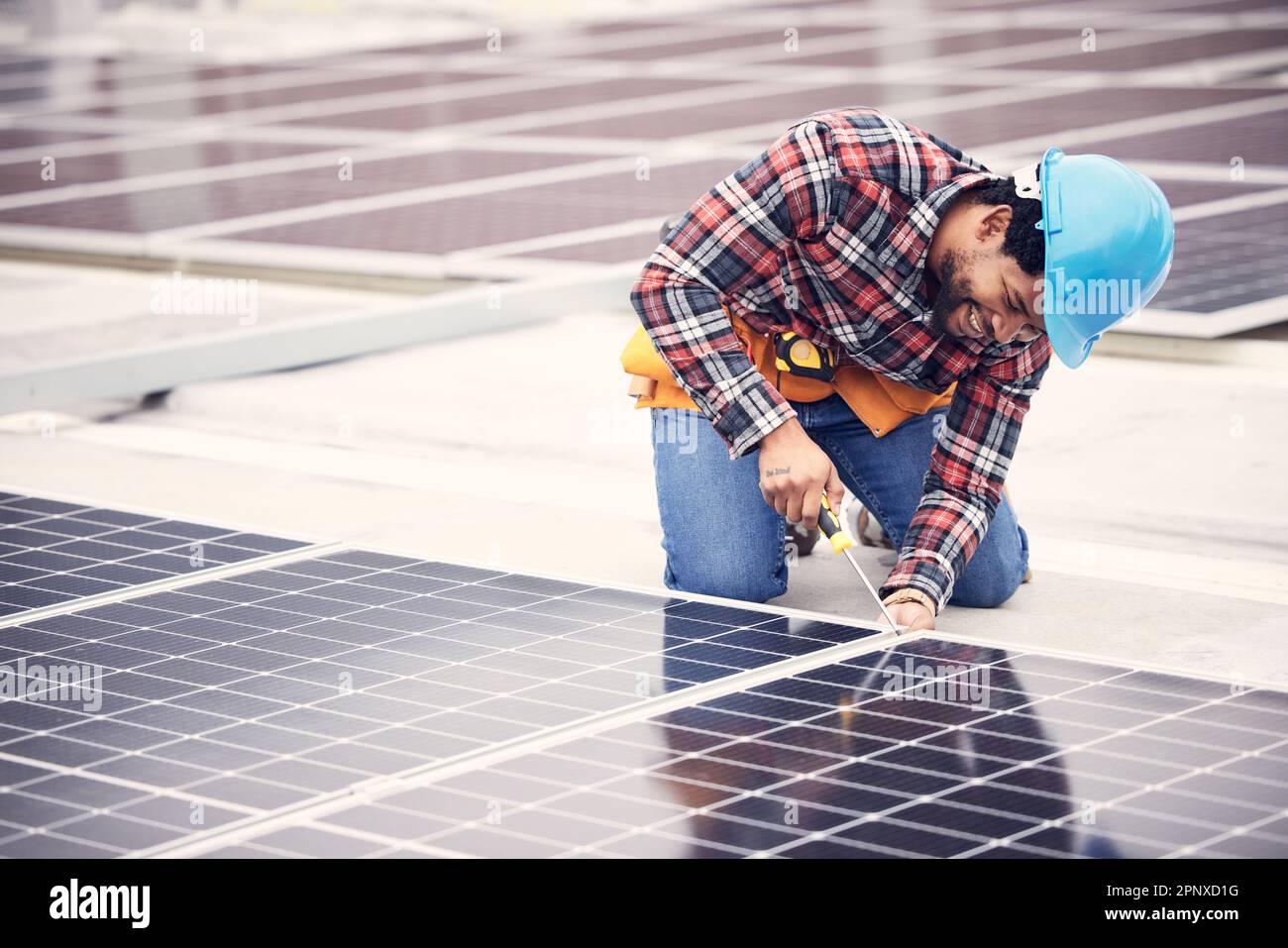 Solar panel, repair and engineering man on rooftop with tools, energy ...