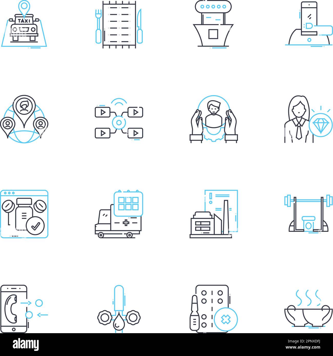 Support desk linear icons set. Assistance, Help, Service, Response ...