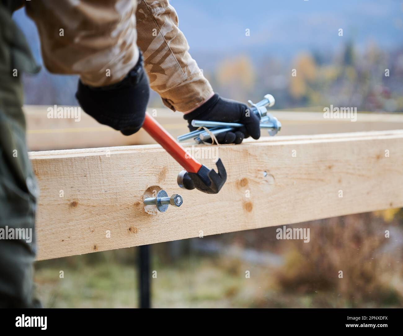 Man worker building wooden frame house on pile foundation. Carpenter ...