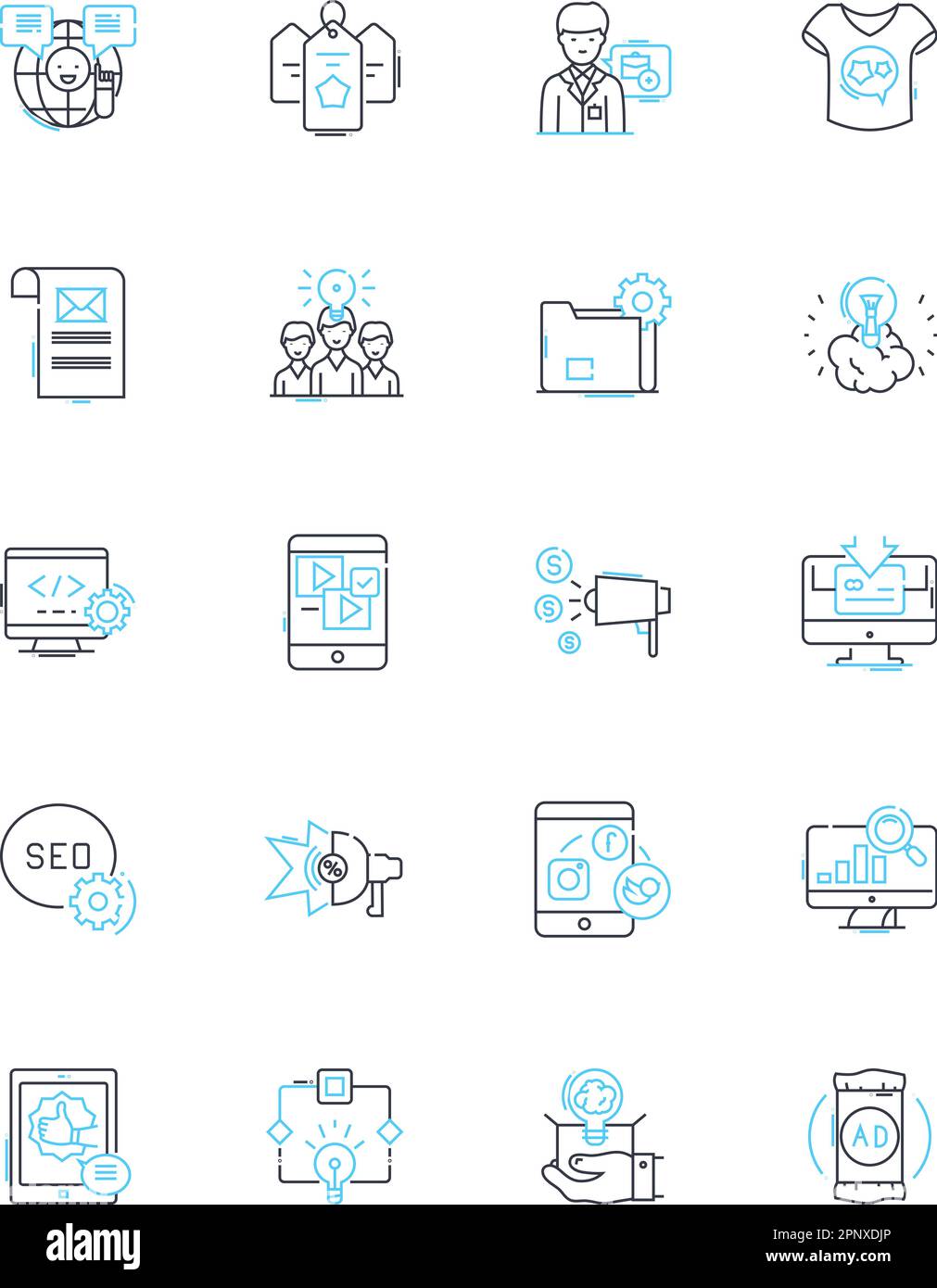 Public strategy linear icons set. Outreach, Advocacy, Communications, Messaging, Engagement ...