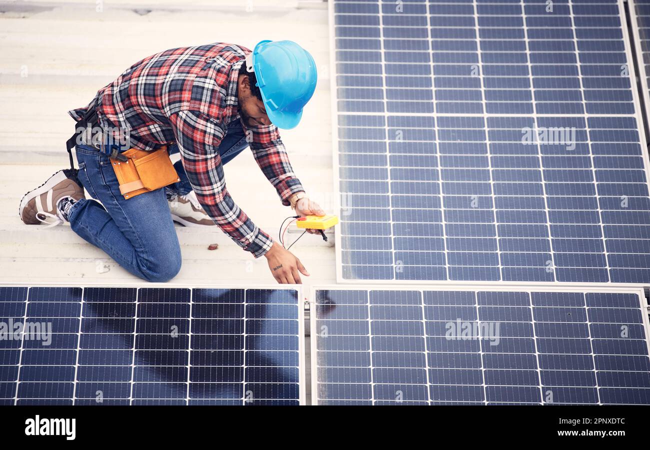Black man, solar panel inspection and renewable energy, sustainability ...