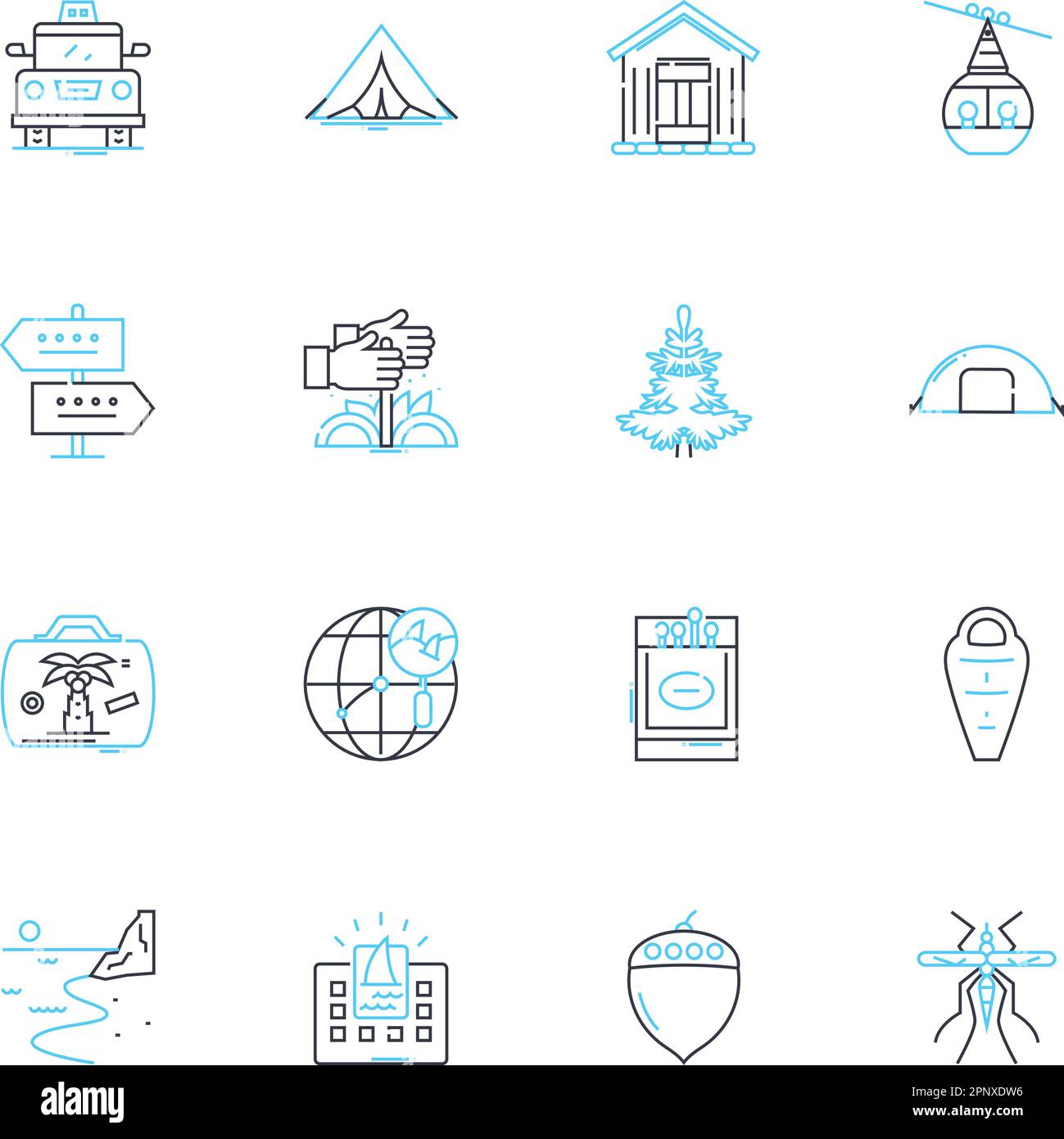 Desert treks linear icons set. Dunes, Camels, Oasis, Sand, Mirage ...