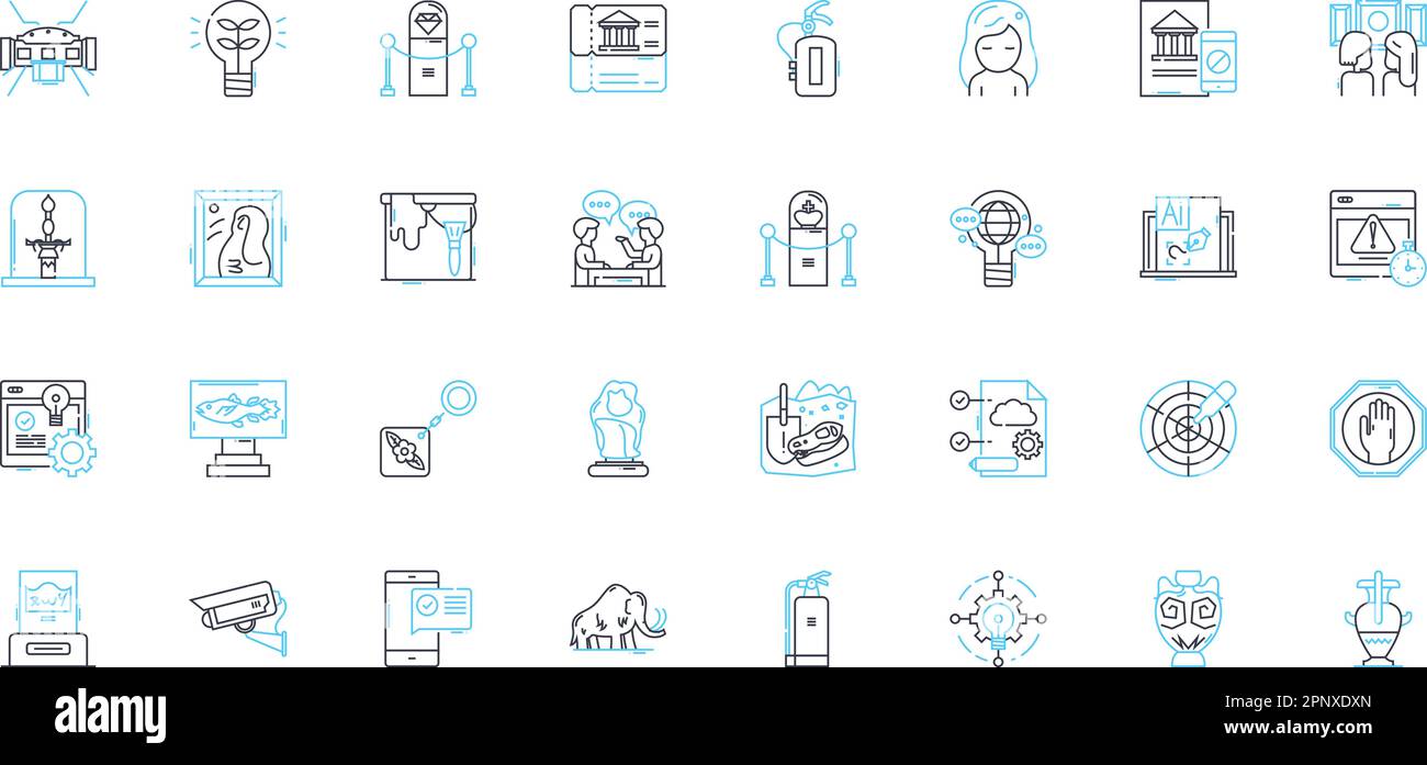 Exhibit linear icons set. Display, Showcase, Presentation, Exhibition ...