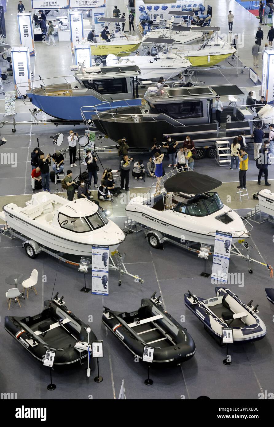 21st Apr, 2023. Int'l boat show opens Visitors look at boats and yachts ...