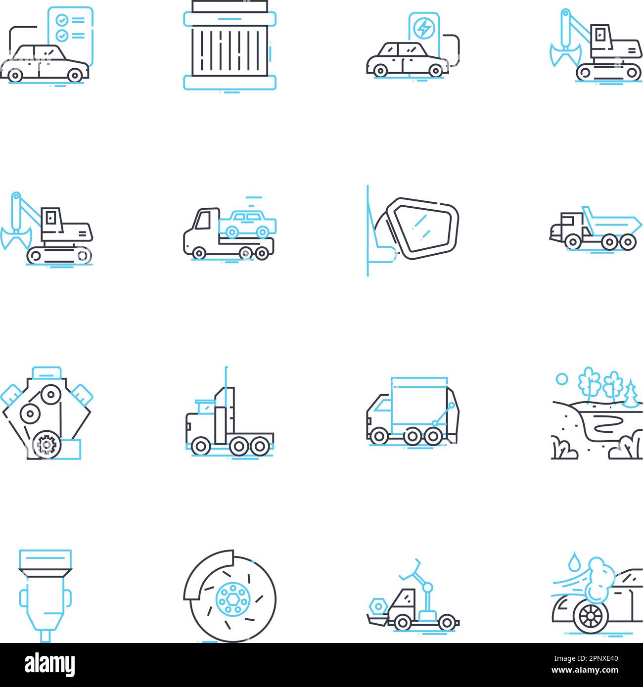 Auto service industry linear icons set. Mechanics, Repairs, Maintenance, Diagnostics, Alignment ...