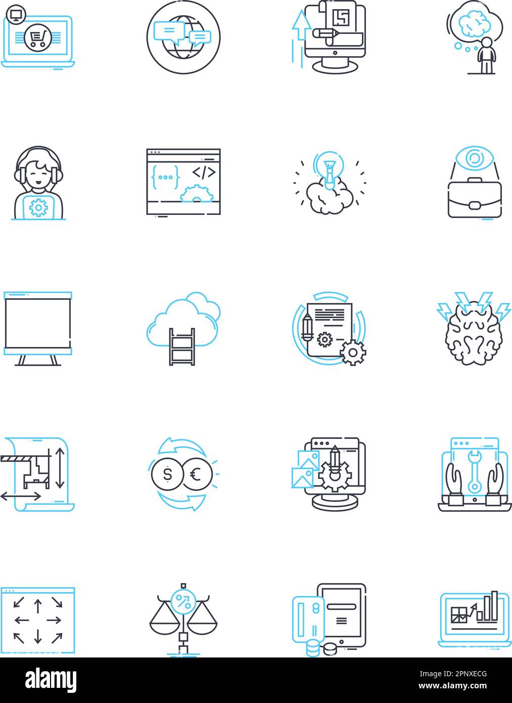 Growth planning linear icons set. Vision, Strategy, Objectives, Metrics ...