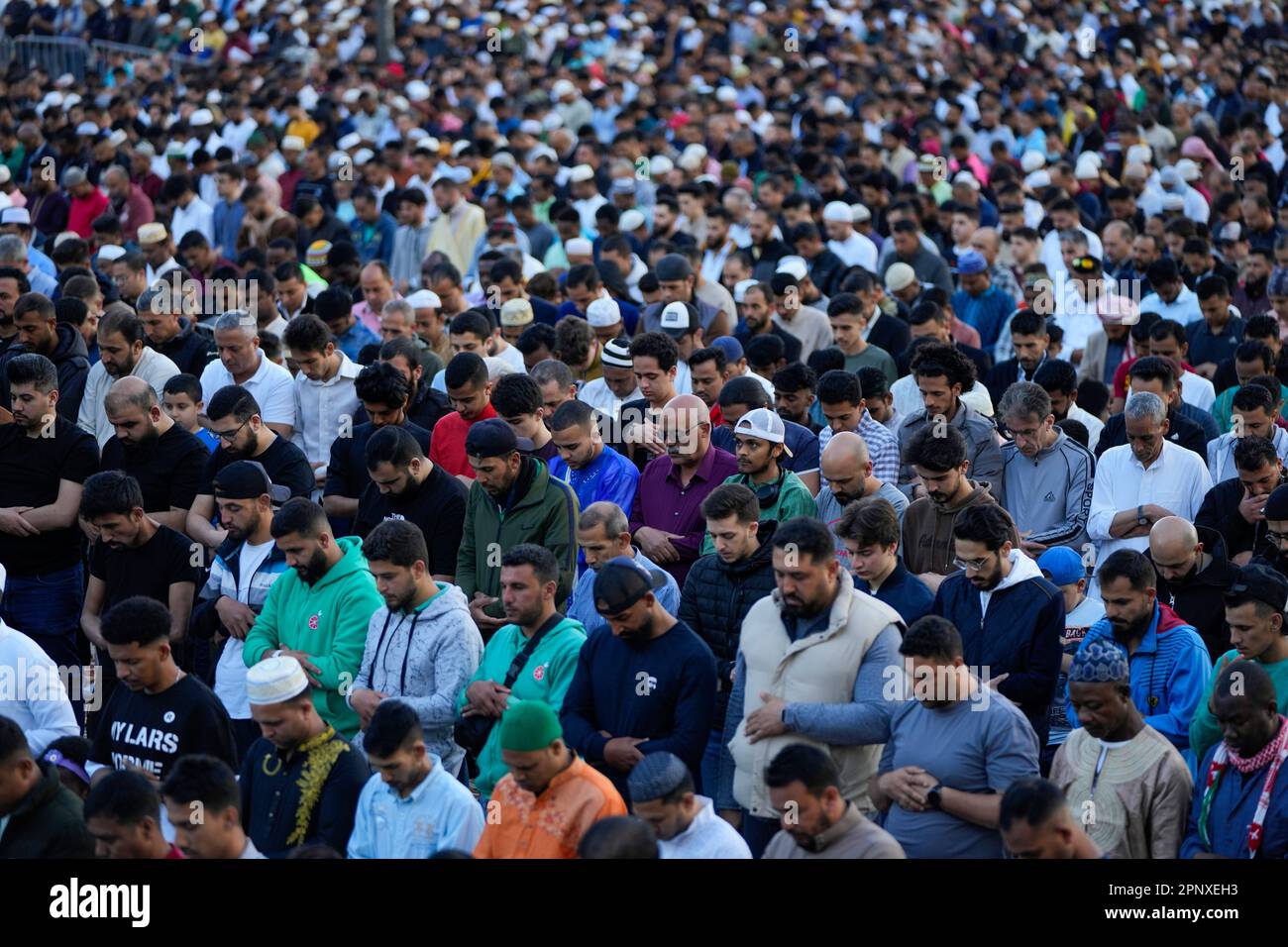 Muslim worshippers pray during Eid al-Fitr morning prayer outside the ...