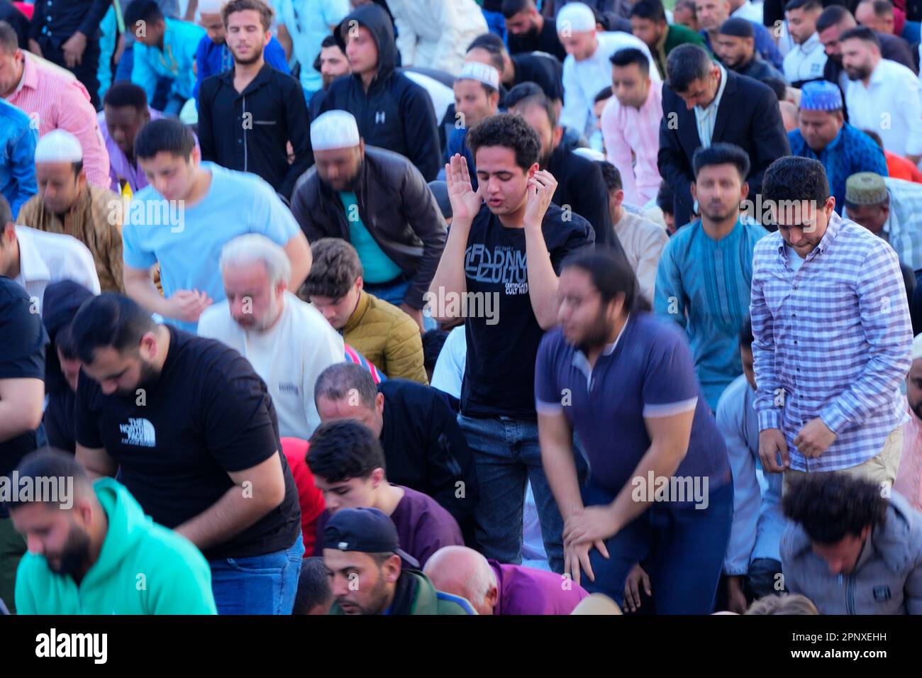 Muslim worshippers pray during Eid al-Fitr morning prayer outside the ...
