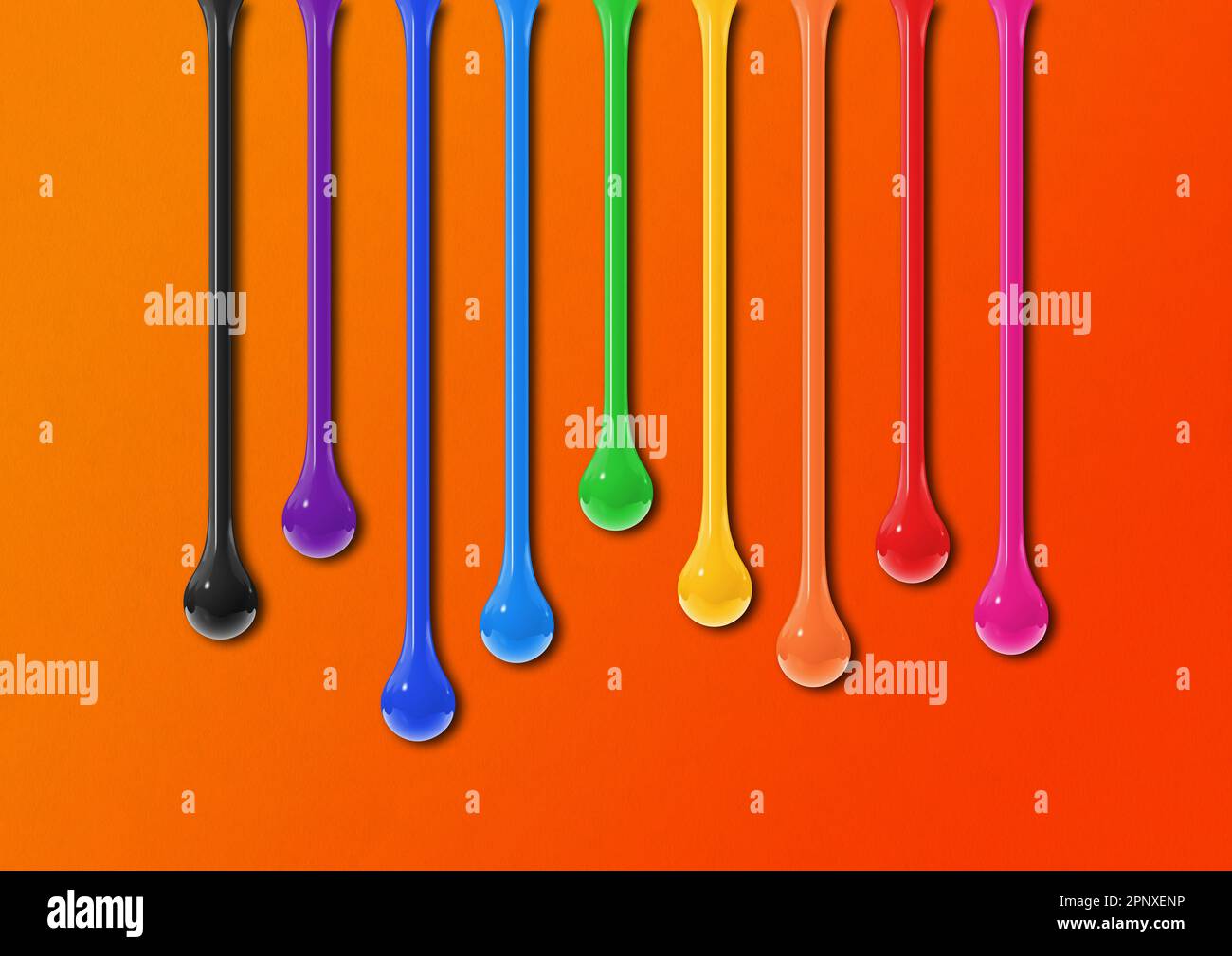 Colorful ink drops isolated on orange background. Horizontal wallpaper ...