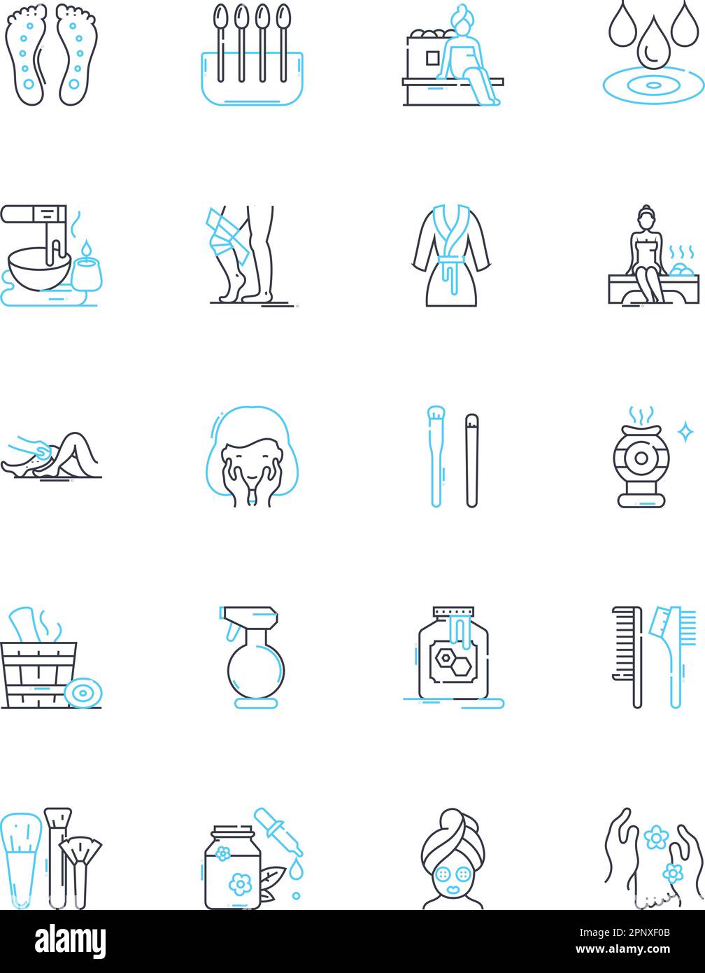 Massage center linear icons set. Relaxation, Rejuvenation, Therapy, Serenity, Bliss, Tranquility ...