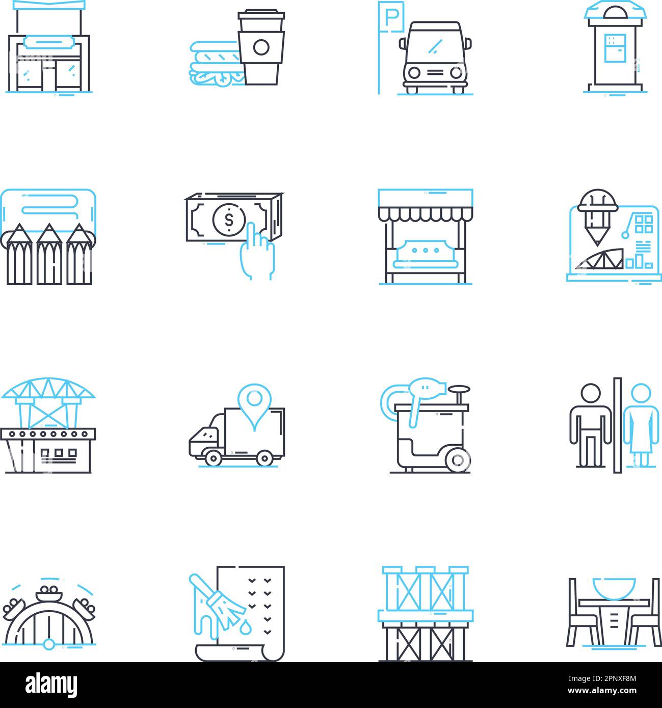 City edifice linear icons set. Skyscraper, High-rise, Tower, Monument ...