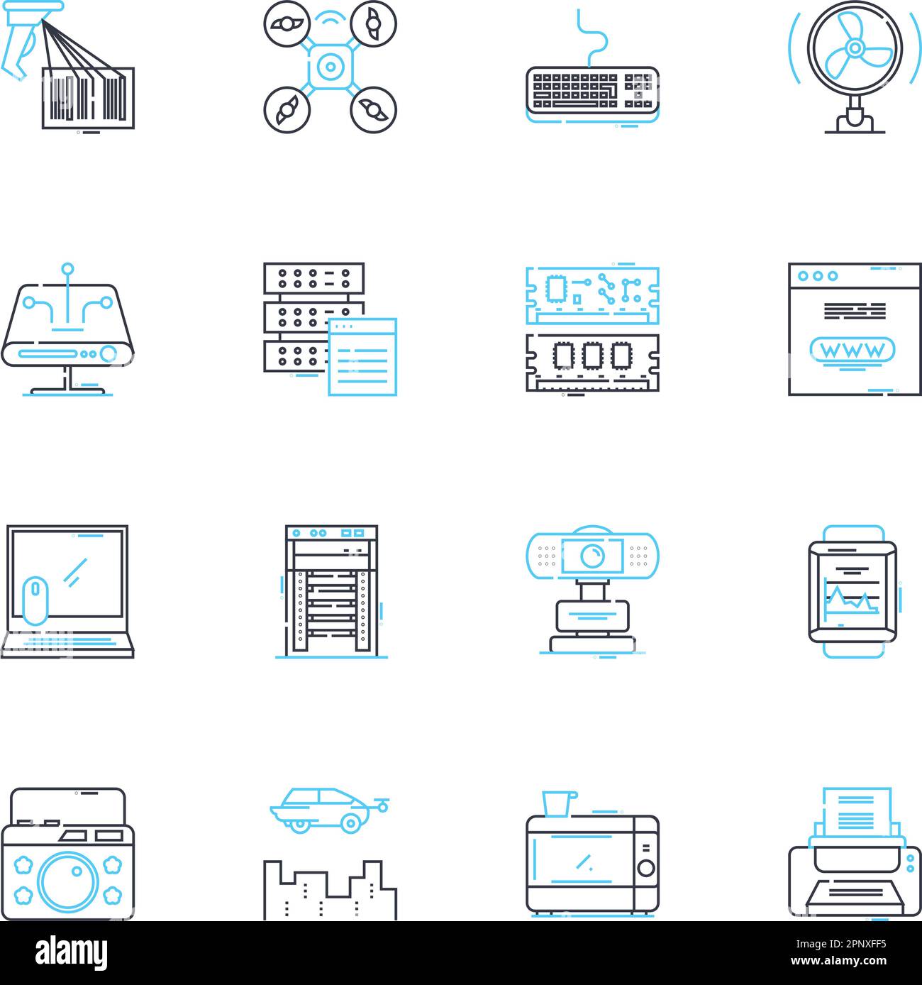 Electronic items linear icons set. Smartph, Laptop, Tablet, Smartwatch, TV, Headphs, Earbuds ...