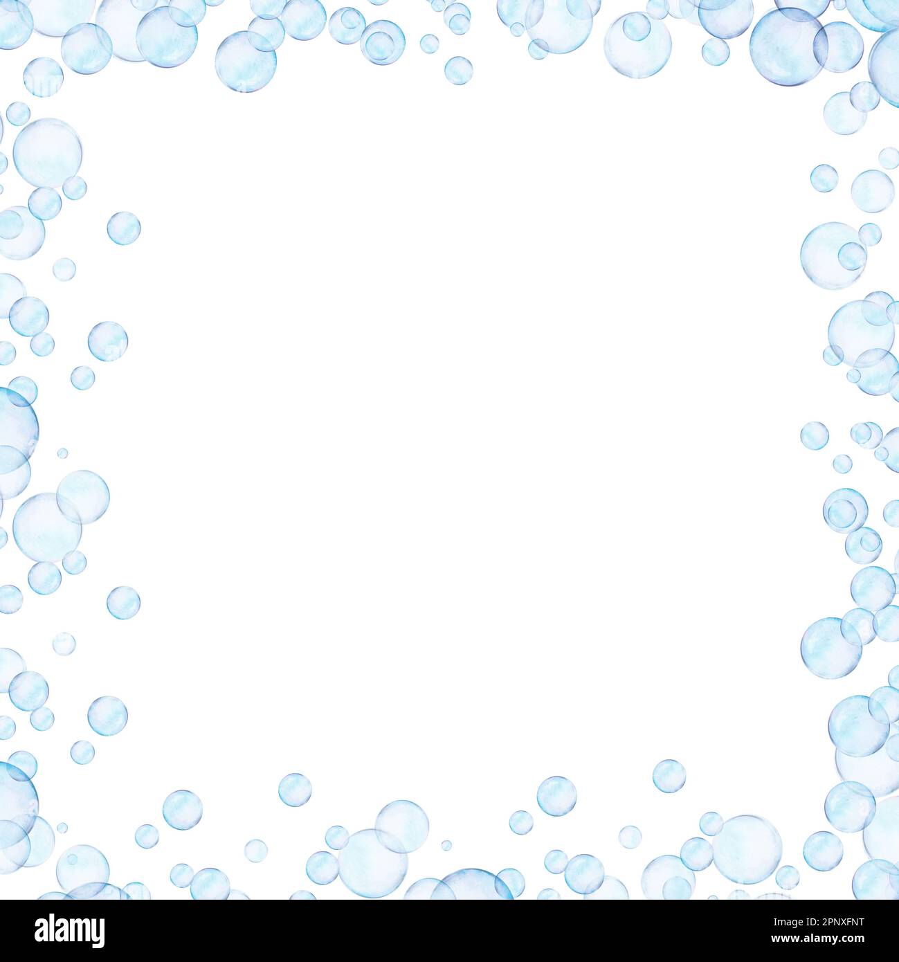 Watercolor drawn frame from different size blue air bubbles on white ...