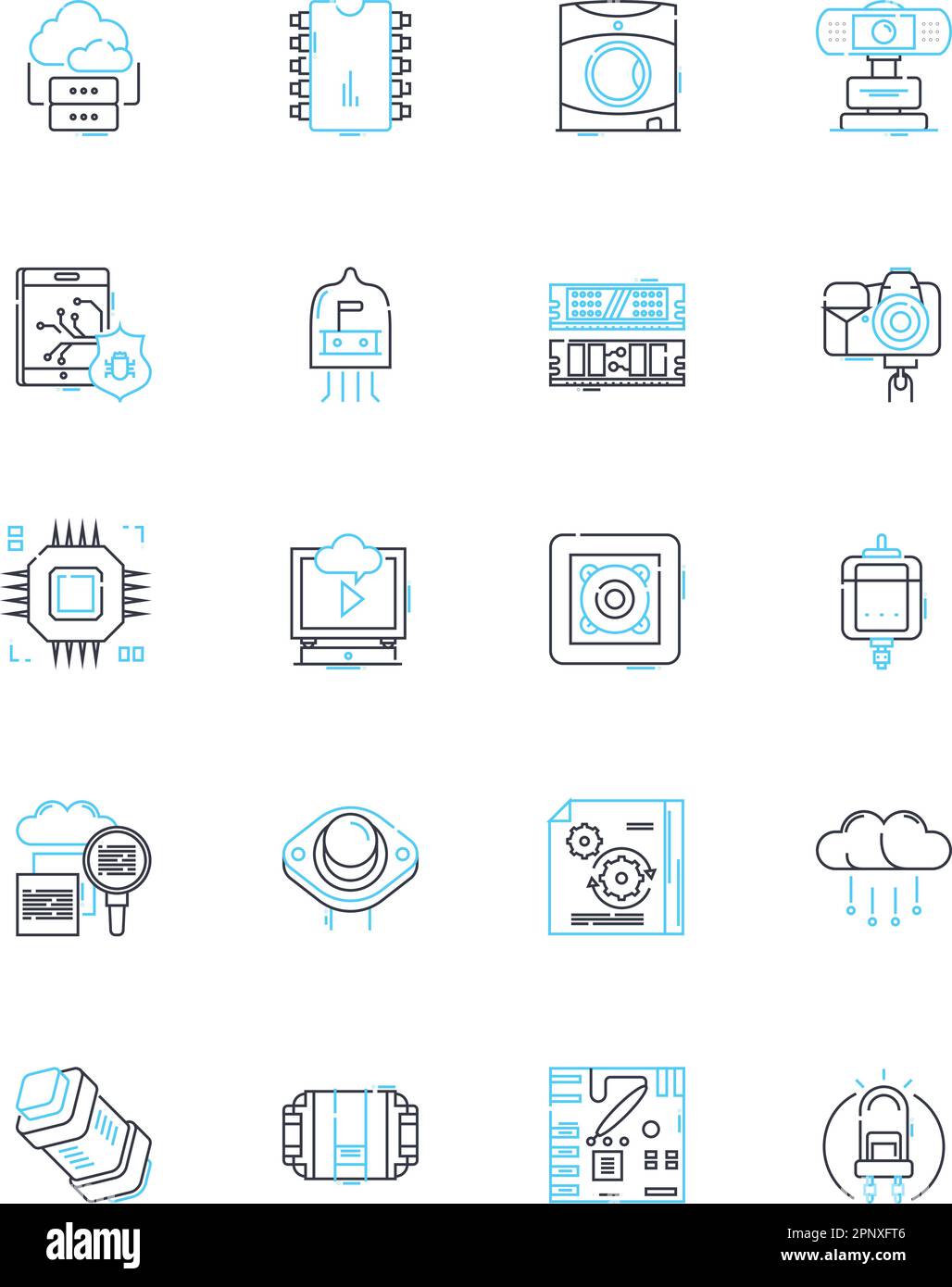 Audio equipment linear icons set. Amplifier, Headphs, Speakers, Microph ...