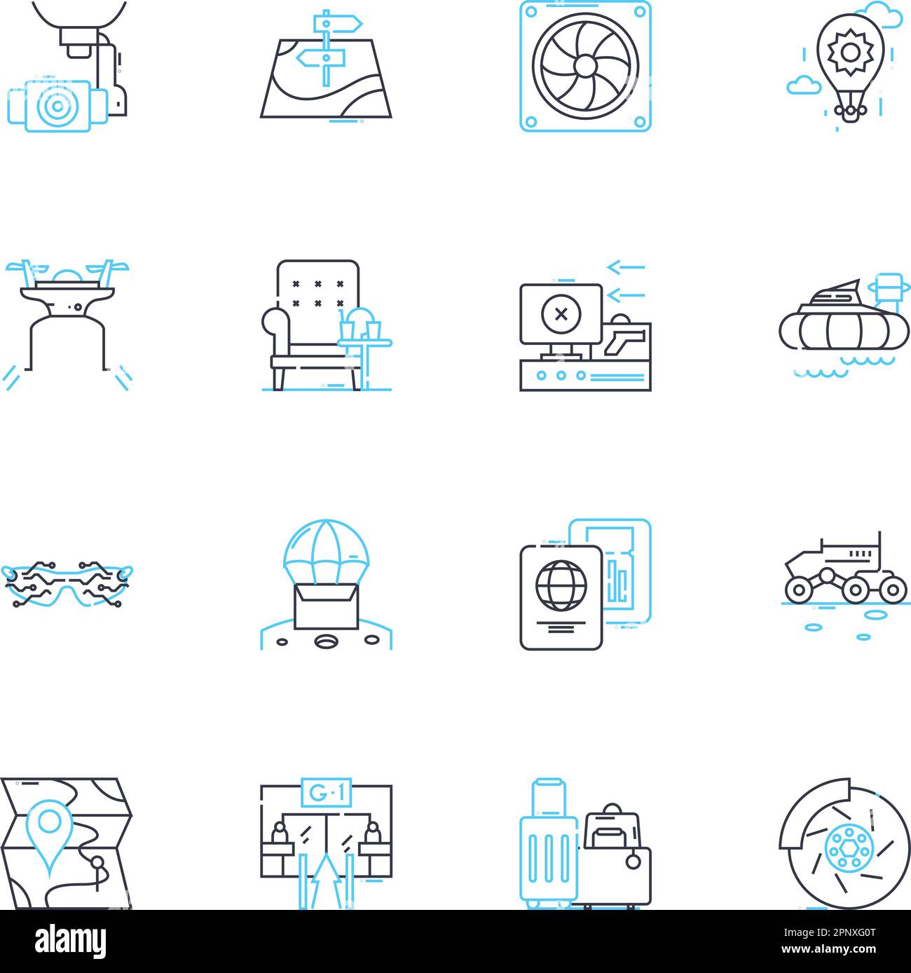 Aerial transport linear icons set. Helicopter, Airplane, Glider ...