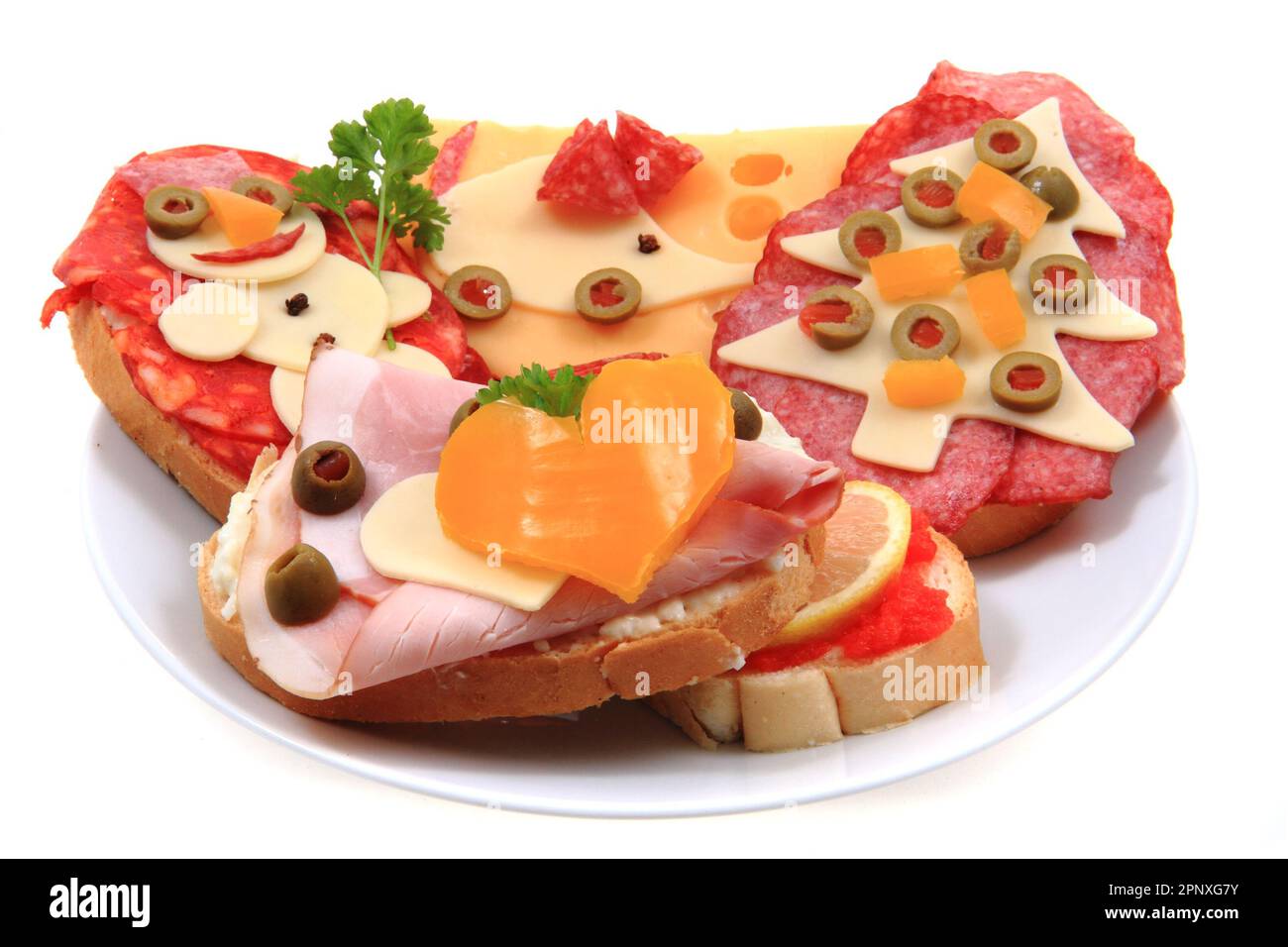 funny open sandwiches isolated on the white background Stock Photo - Alamy