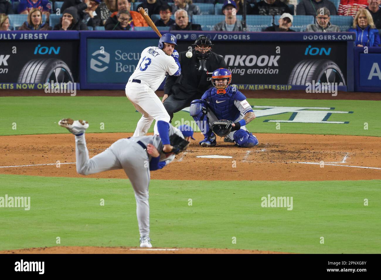 LOS ANGELES, CA - APRIL 17: Los Angeles Dodgers third baseman Max Muncy (13) waits for the pitch ...