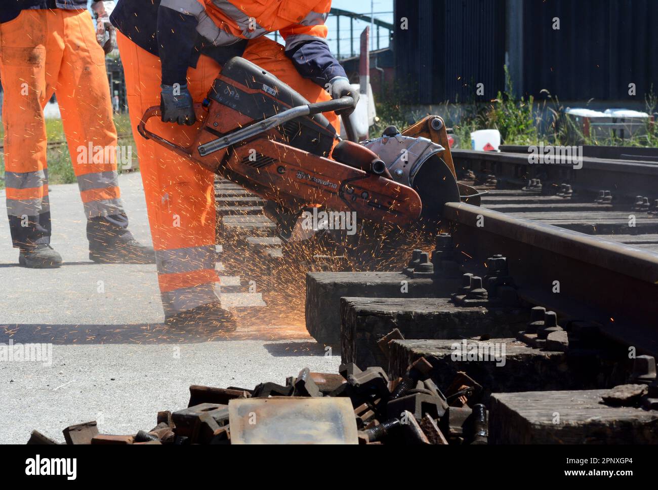 workers fixing train tracks Stock Photo - Alamy