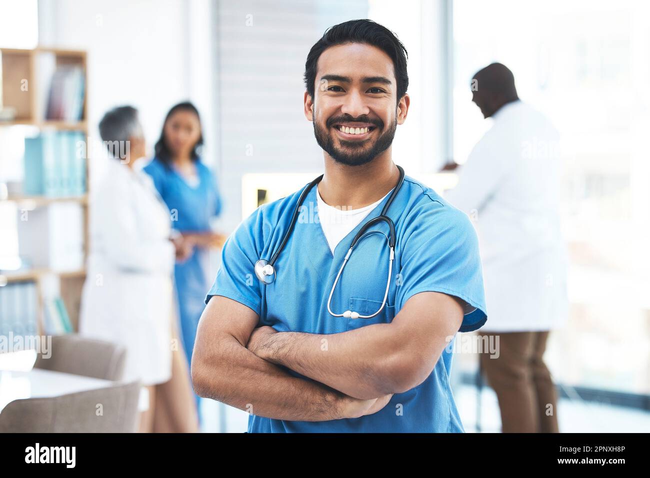 Medical, arms crossed doctor with portrait of man for healthcare ...