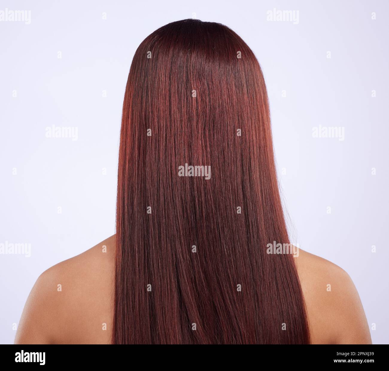 Back of woman, smooth hair and beauty of shine, color dye and wig ...