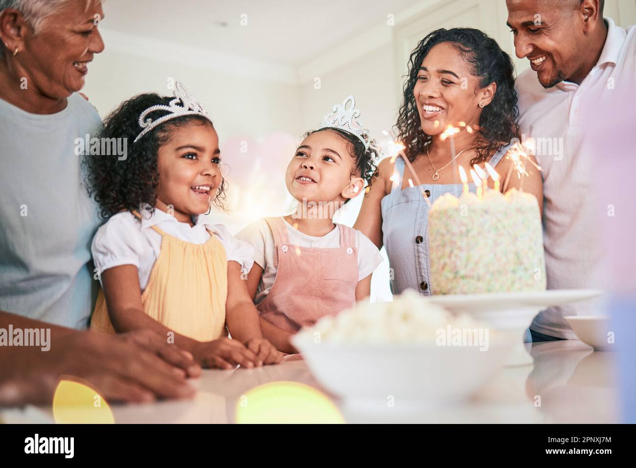People singing happy birthday, family smile with celebration and cake ...