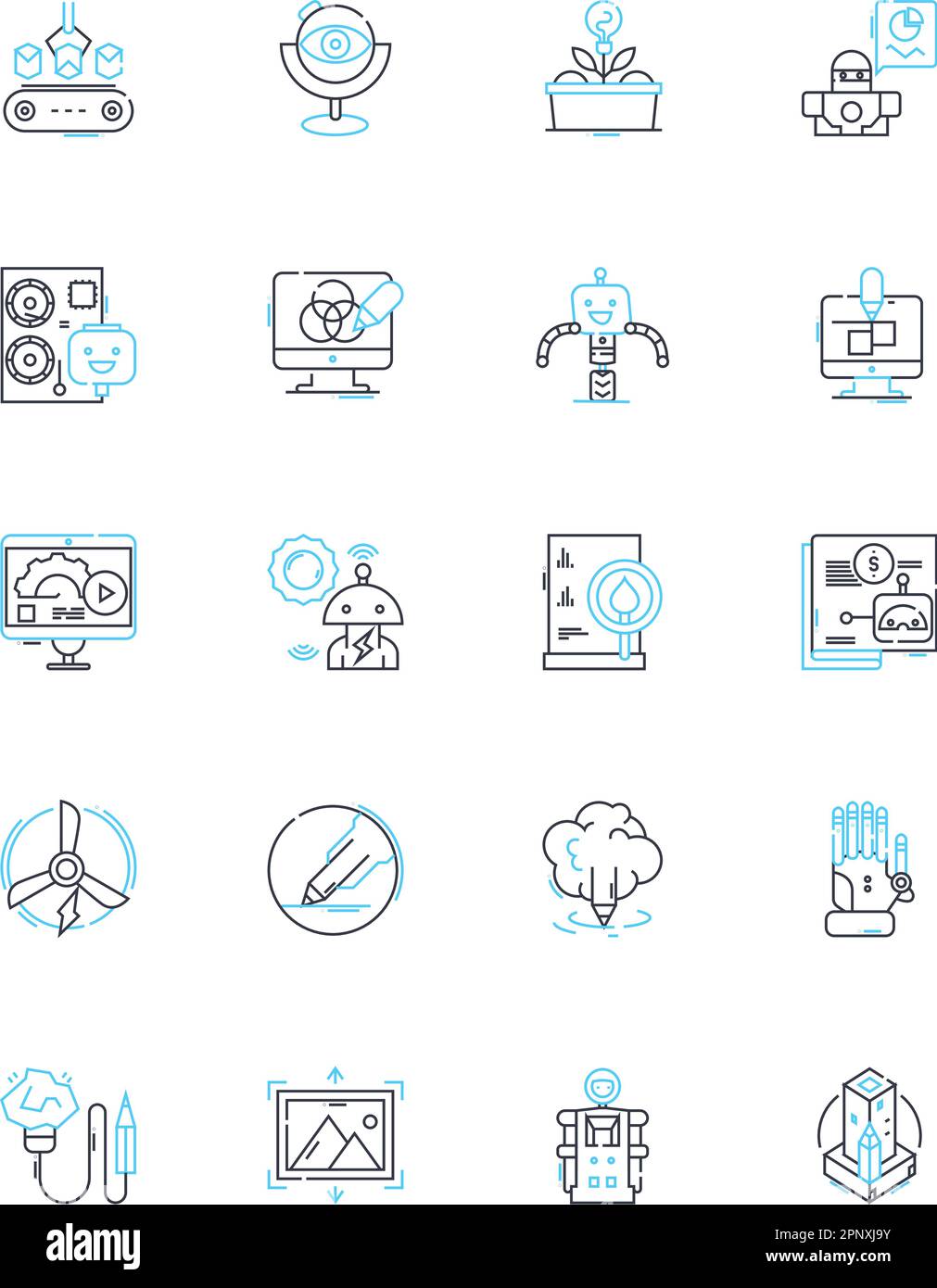 Self-reliant robots linear icons set. Autonomous, Efficient, Agile, Tech-savvy, Adaptive, Self ...