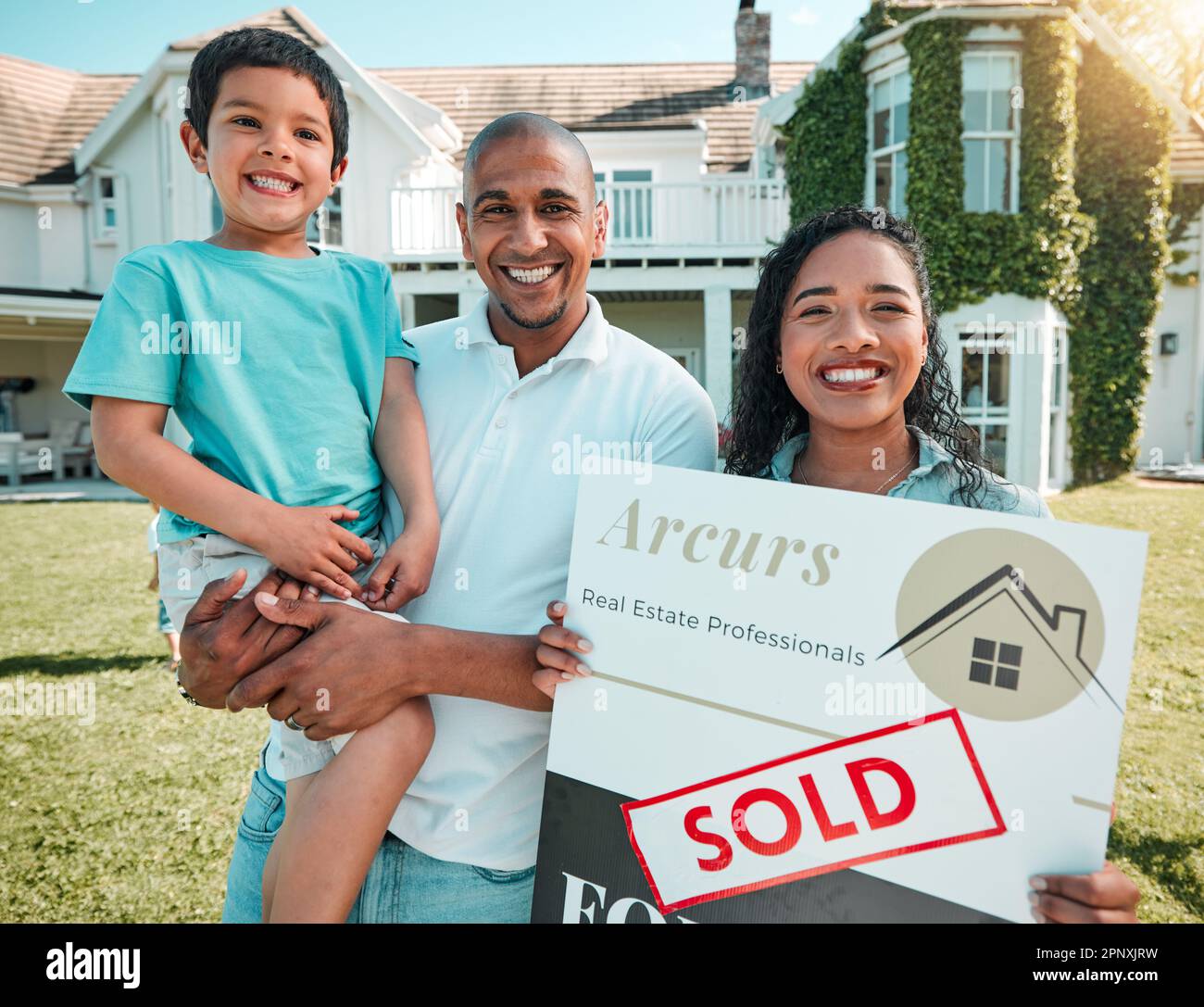 Mother, father and child in property, real estate or billboard of happy ...