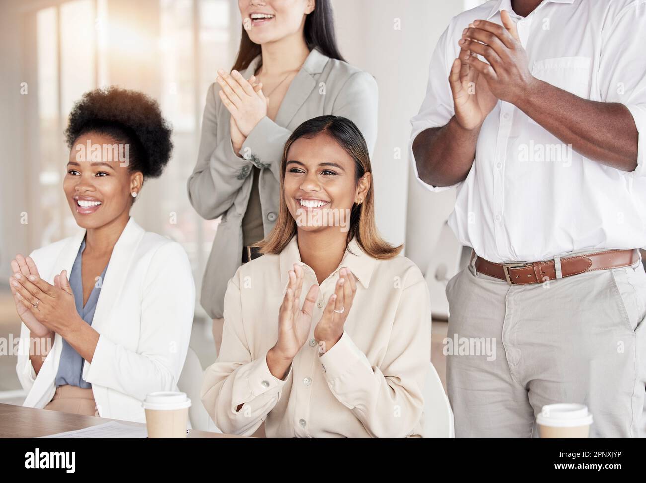 Business people, startup office and applause to celebrate, award and ...