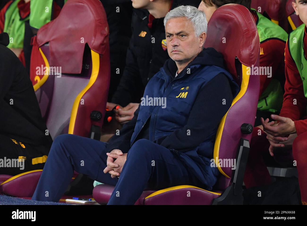 Rome, Lazio. 20th Apr, 2023. Roma trainer Jose Mourinho during the Uefa ...