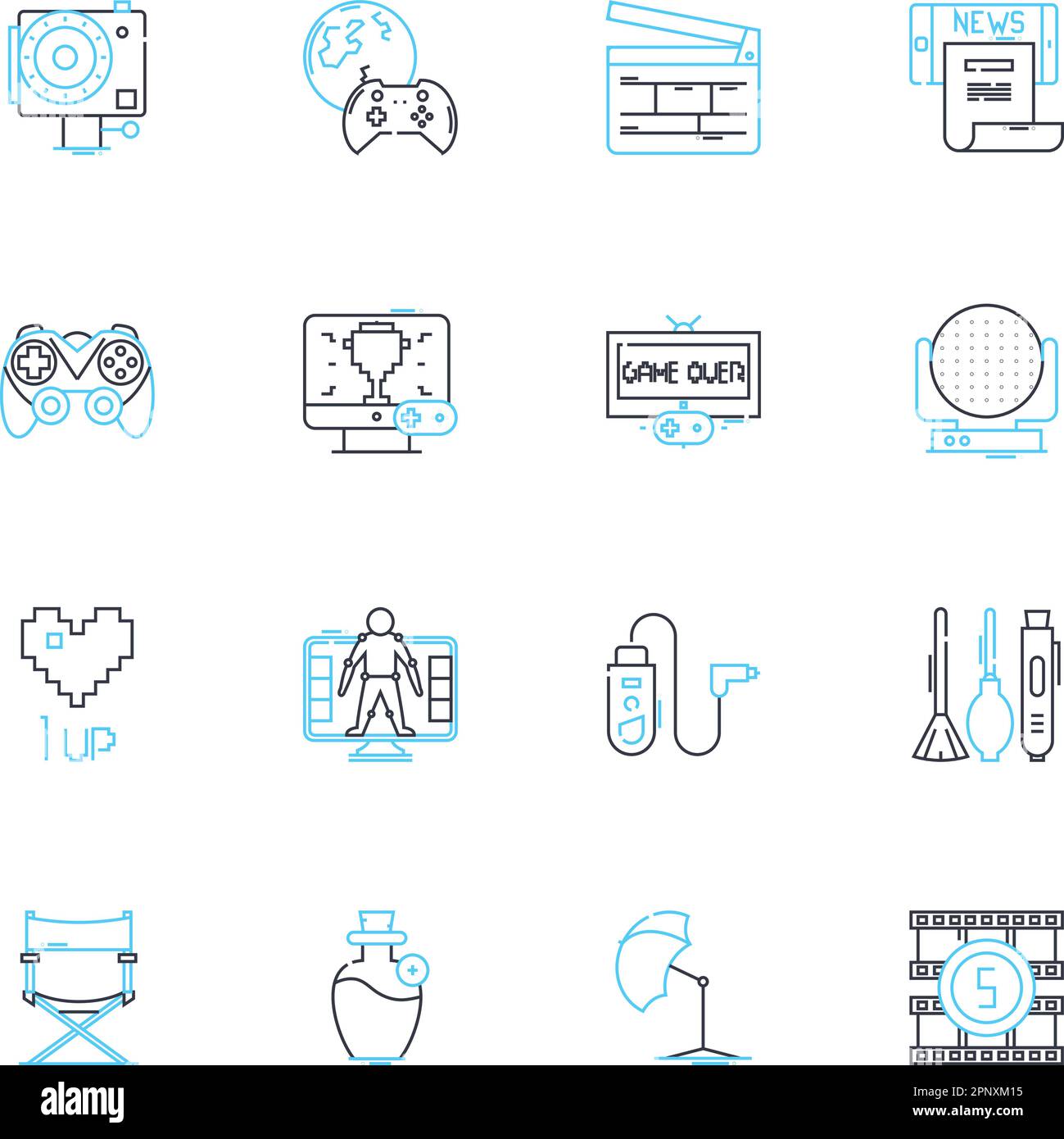 Online games linear icons set. Gaming, Multiplayer, Virtual, Adventure, Strategy, Action, Quest ...