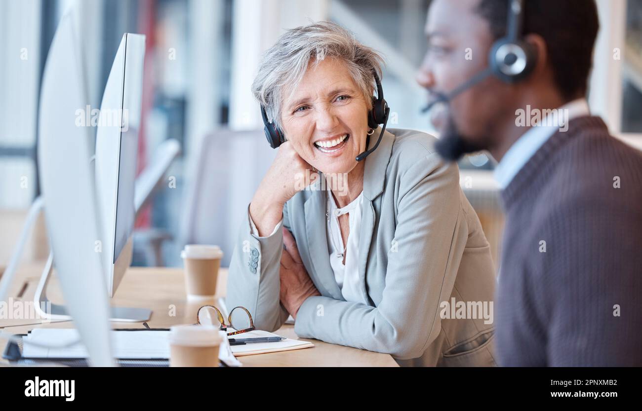 Call center, team talking and laughing woman in office with coworker ...