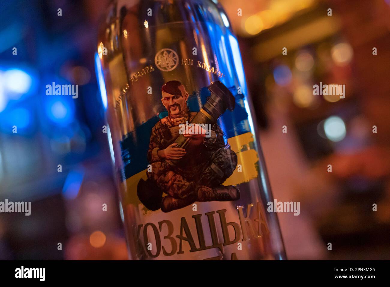 A bottle of Vodka Cossack Council Javelin with the image of a Ukrainian ...