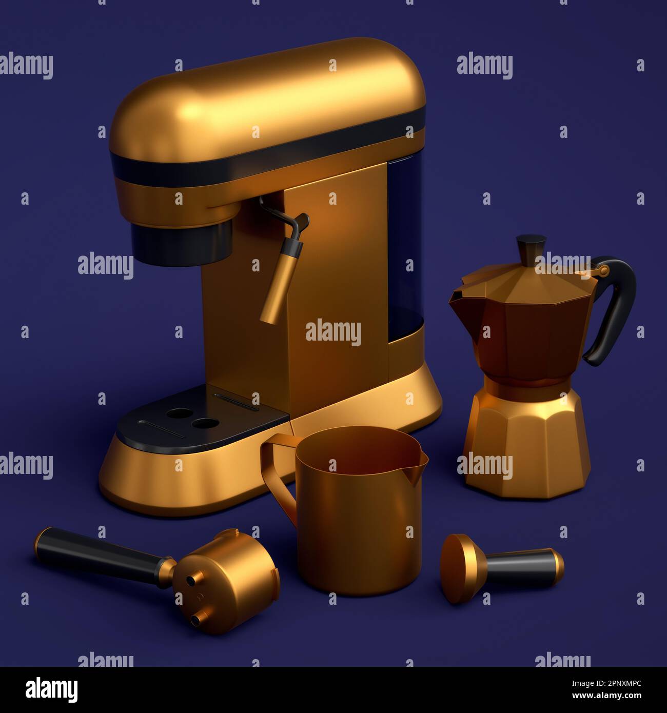 Espresso coffee machine with horn and geyser coffee maker on blue ...