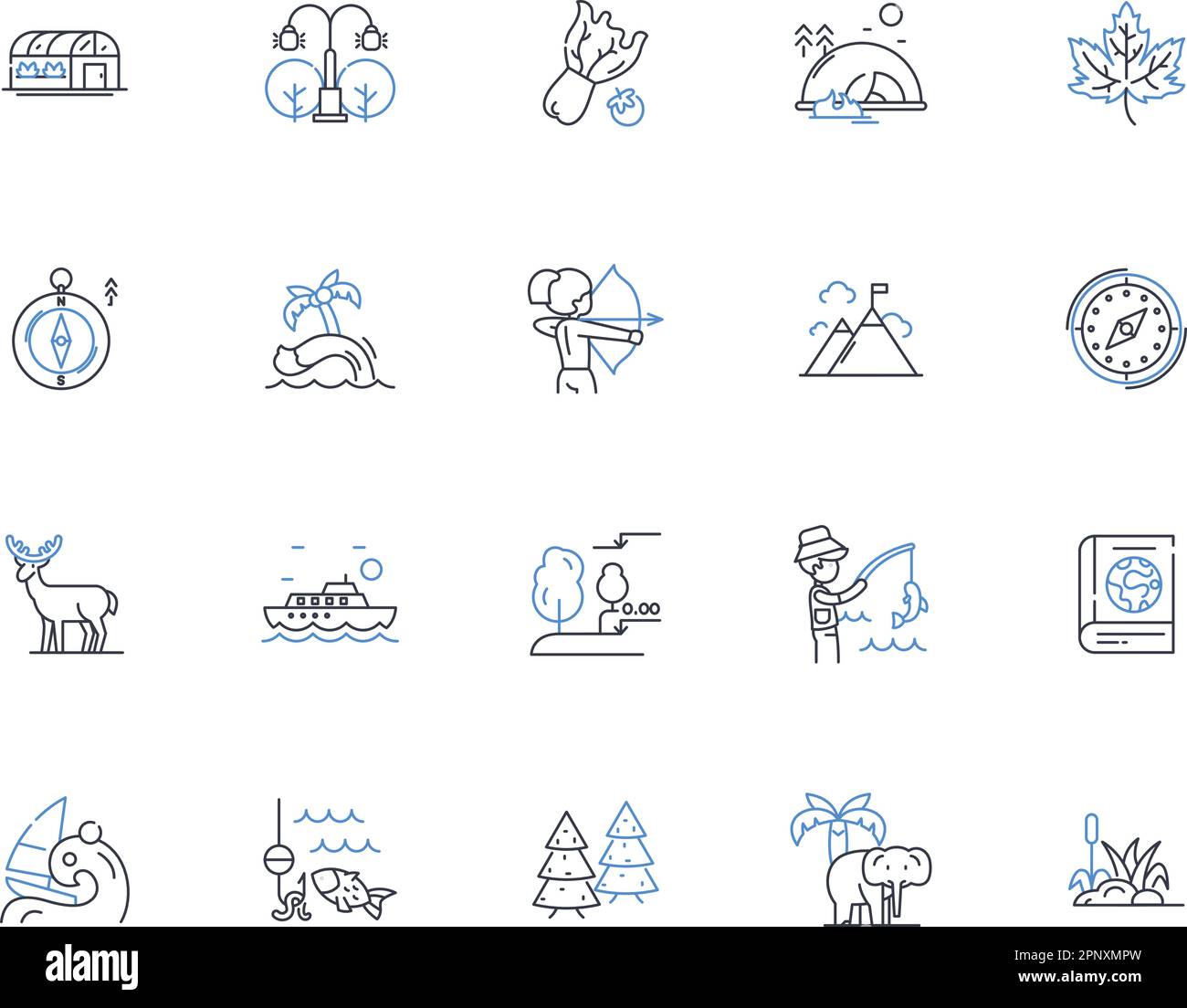 Stunning scenery line icons collection. Majestic, Breathtaking, Serene ...