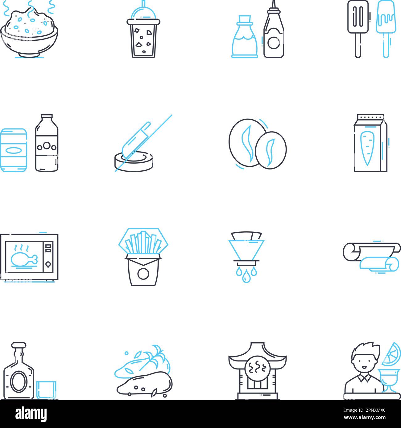 Dining options linear icons set. Restaurant, Pub, Cafe, Bistro, Brasserie, Diner, Food court ...