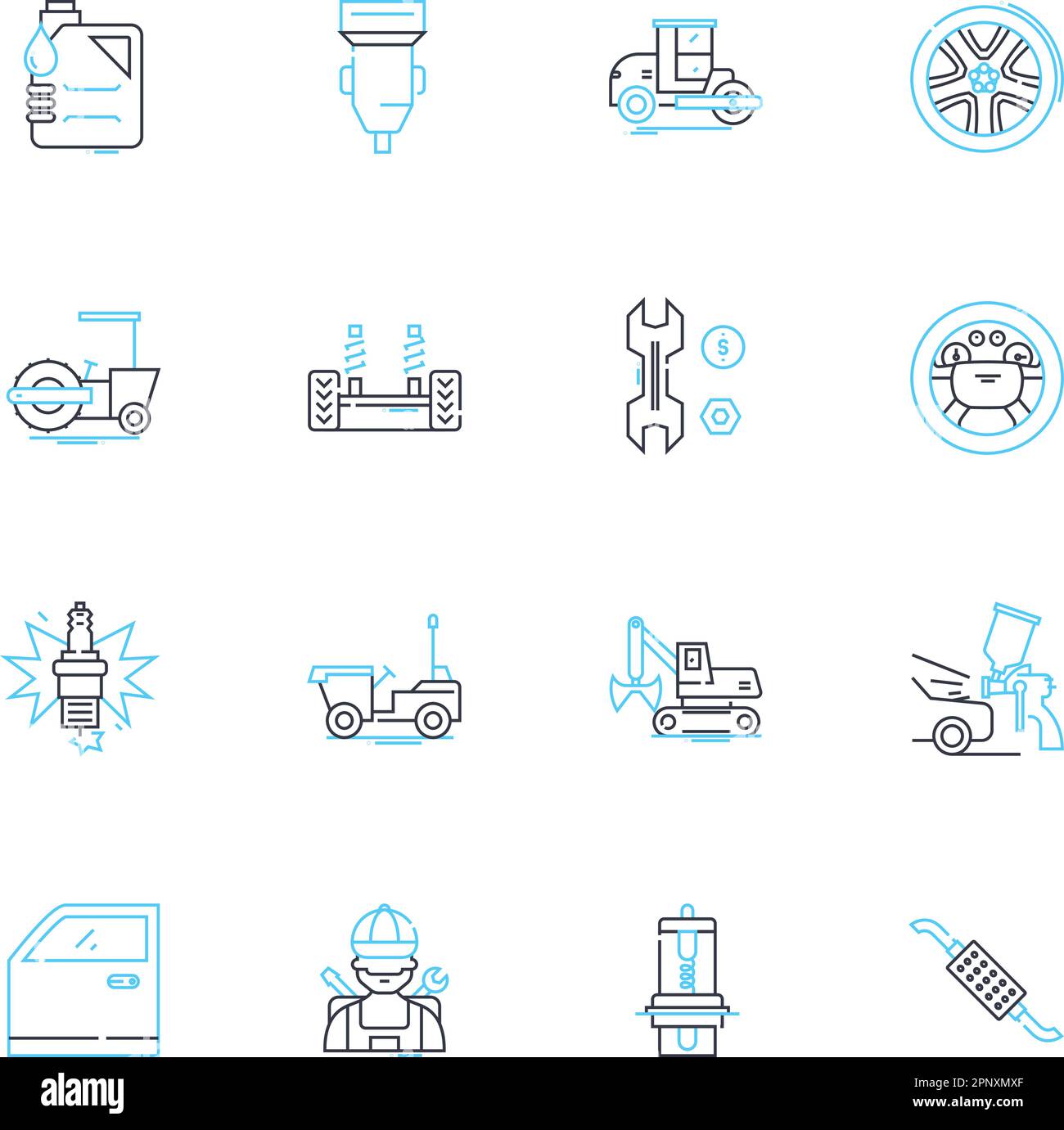 Vehicle maintenance linear icons set. Oil, Filter, Battery, Brakes ...