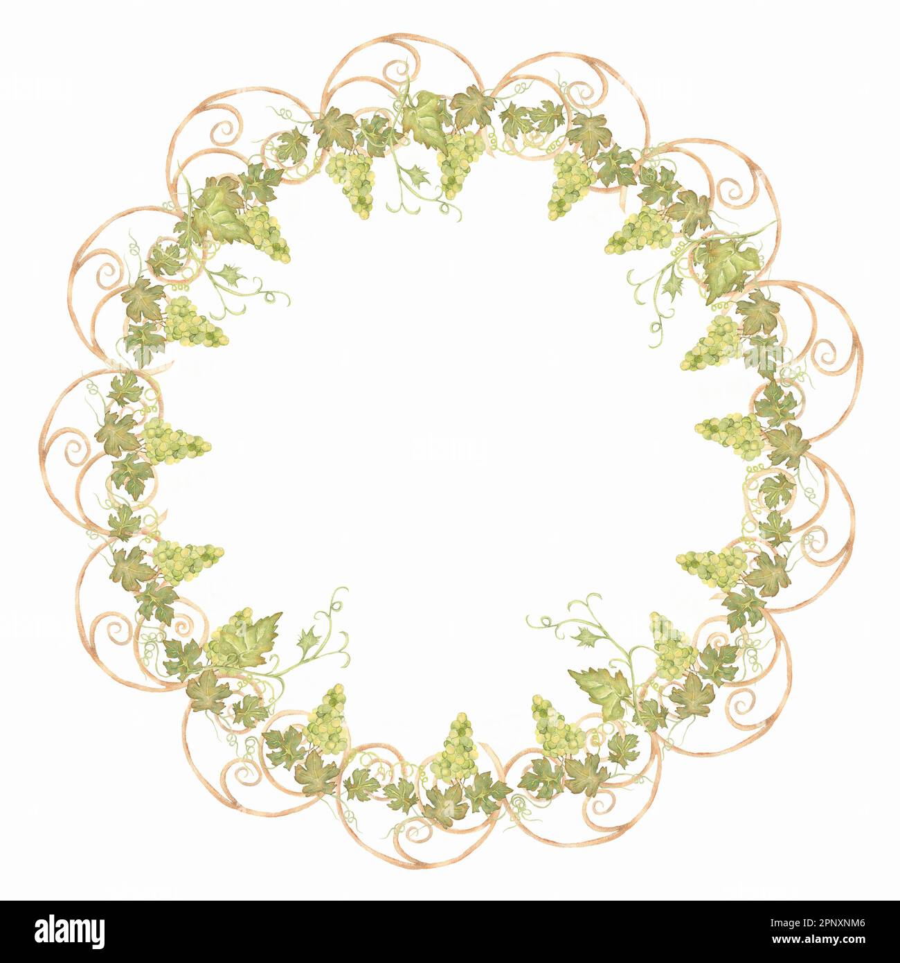 Grapes wreath, healthy food frame illustration. Watercolour winery ...