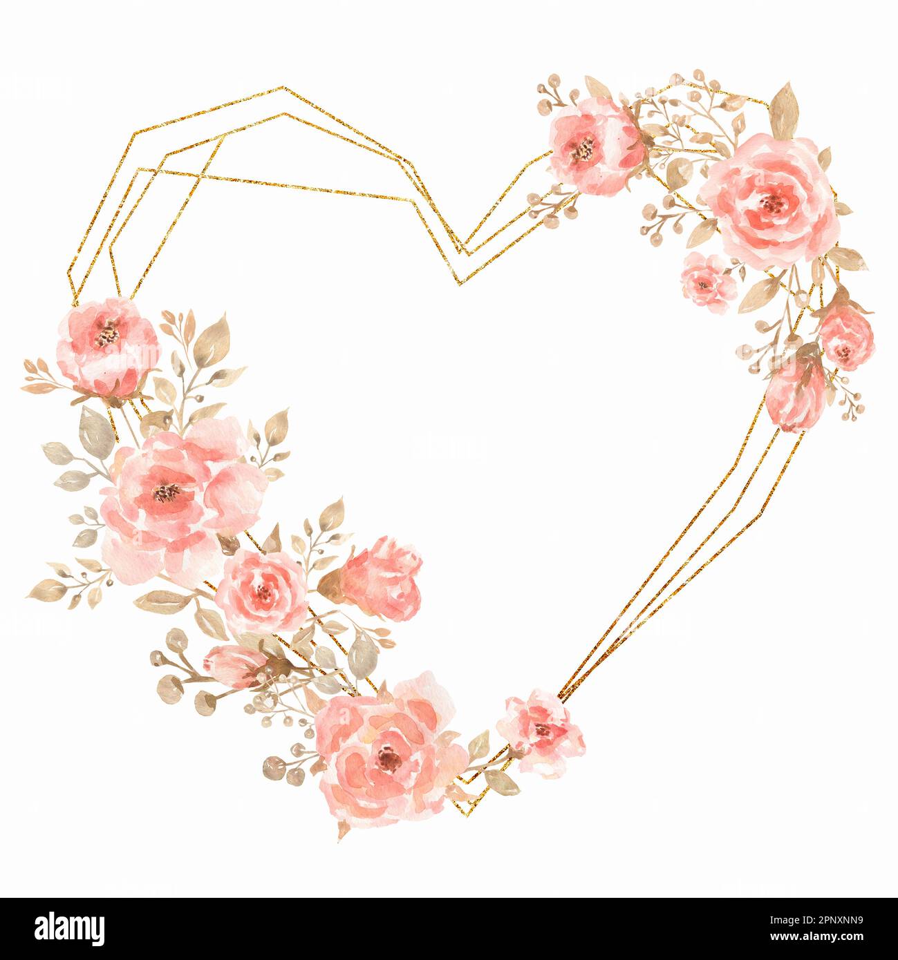 Watercolor Pink and Florals heart Frame illustration. leaves and flowers golden Heart frame ...