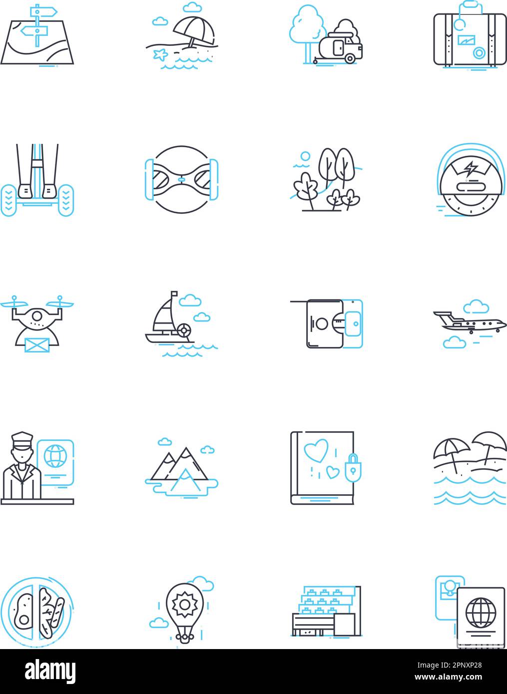 Tours linear icons set. Adventure, Backpacking, Culture, Escape ...