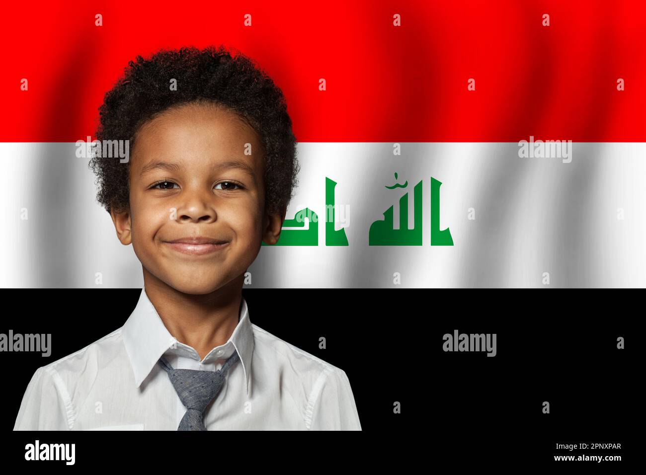 Iraqi kid boy on flag of Iraq background. Education and childhood ...